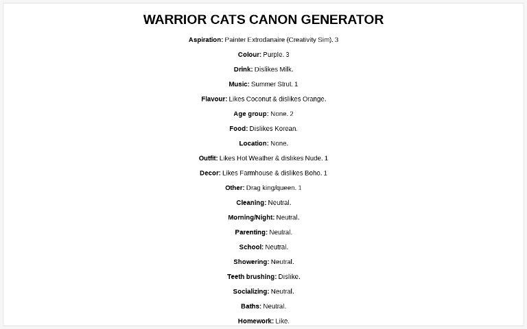WARRIOR CATS CANON GENERATOR