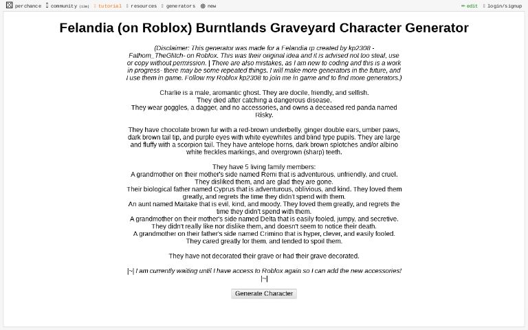 Felandia (on Roblox) Burntlands Graveyard Character Generator