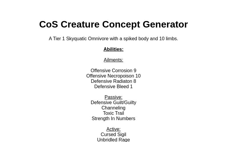 CoS Creature Concept Generator