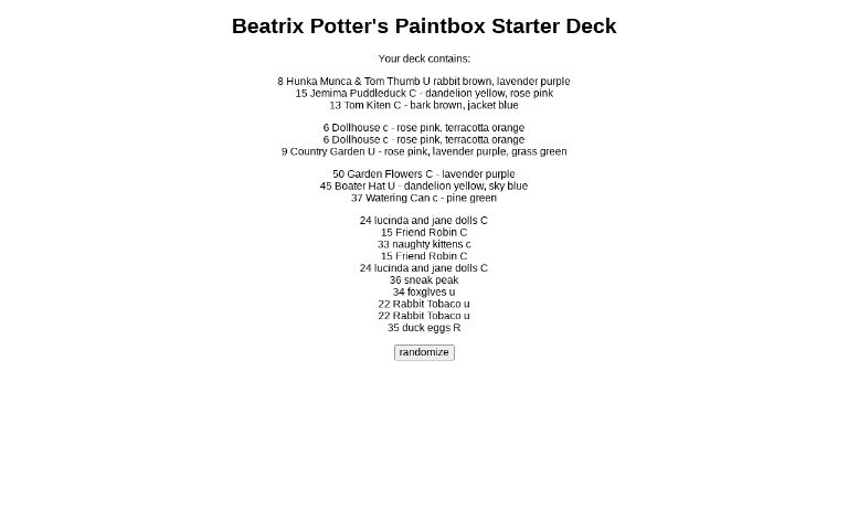 Beatrix Potter's Paintbox Starter Deck ― Perchance Generator
