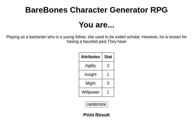 BareBones Character Generator RPG