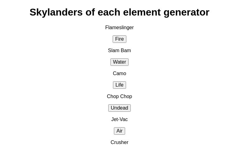 Skylanders of each element generator