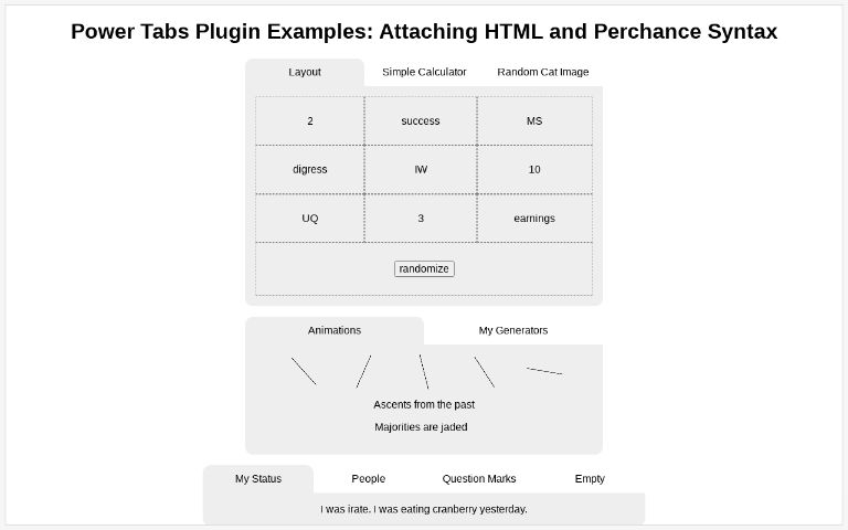 Power Tabs Plugin Examples: Attaching HTML and Perchance Syntax