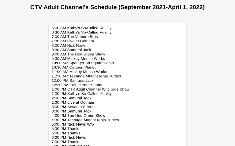 CTV Adult Channel's Schedule (September 2021-April 1, 2022) ― Perchance ...