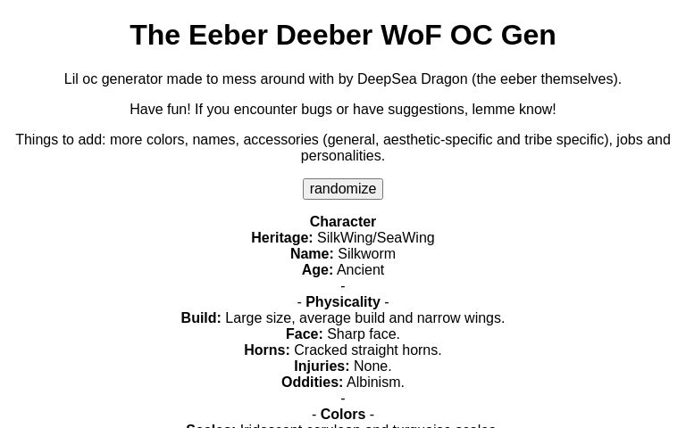 The Eeber Deeber WoF OC Gen