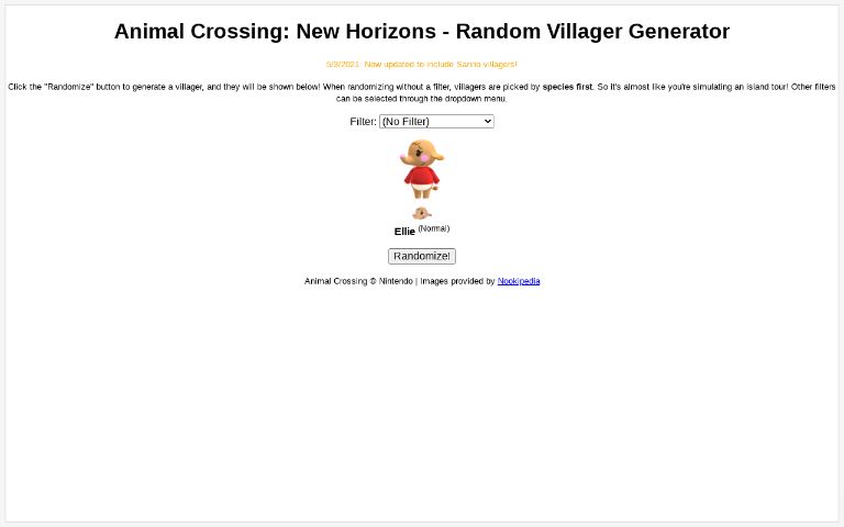 Animal Crossing: New Horizons - Random Villager Generator