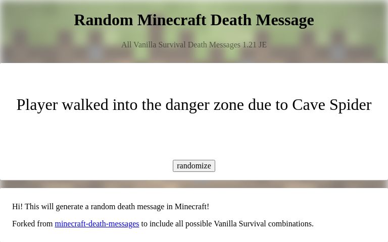Random Minecraft Death Message ― Perchance Generator