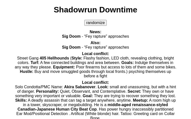 Shadowrun Downtime ― Perchance Generator