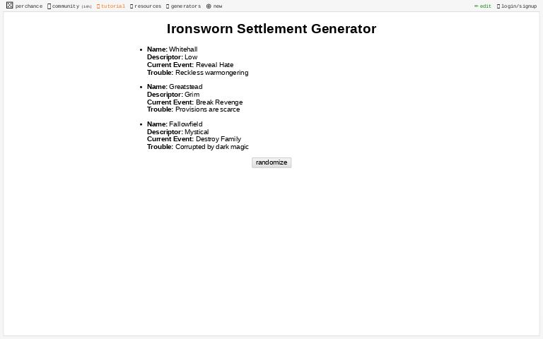 Ironsworn Settlement Generator