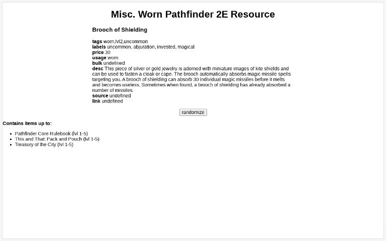Misc. Worn Pathfinder 2E Resource ― Perchance Generator