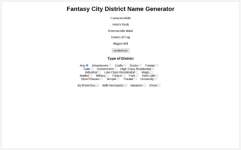 Fantasy City District Name Generator