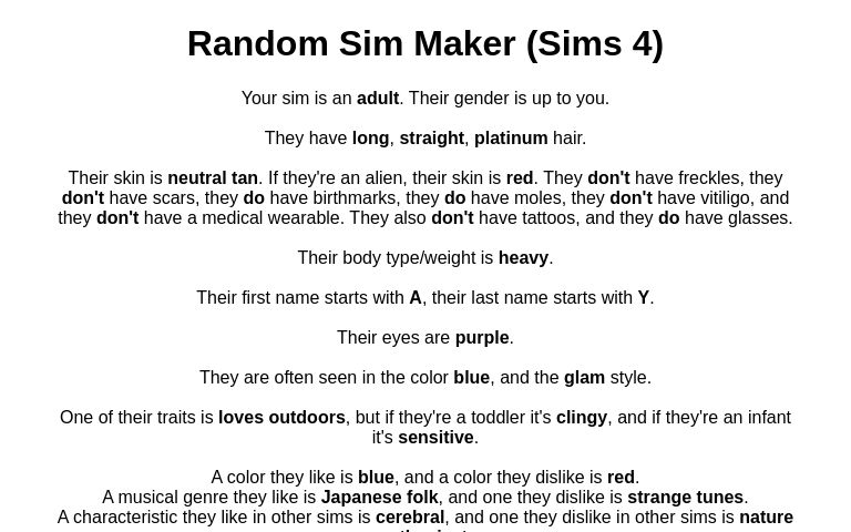 Random Sim Maker ― Perchance Generator