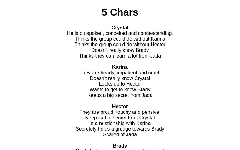 5 Chars ― Perchance Generator