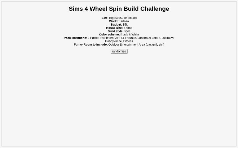 Sims 4 Wheel Spin Build Challenge ― Perchance Generator