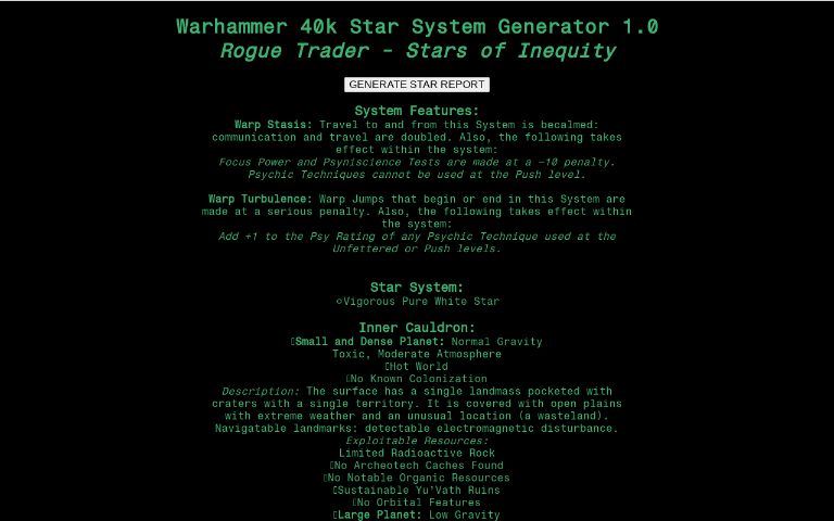 Warhammer 40k Star System Generator 1.0 Rogue Trader - Stars of Inequity