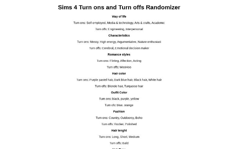 Sims 4 Turn ons and Turn offs Randomizer ― Perchance Generator