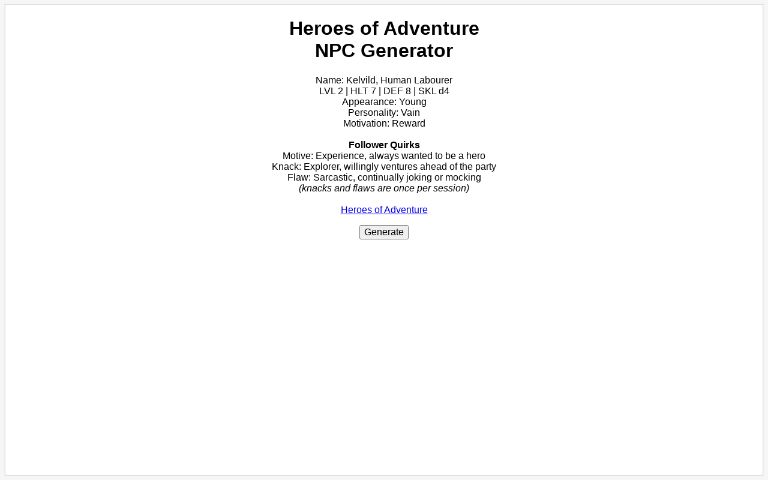 Heroes of Adventure NPC Generator