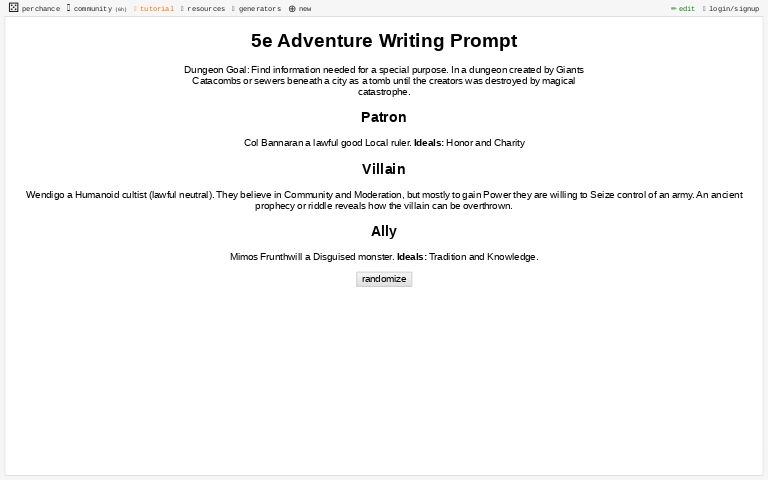 5e Adventure Writing Prompt ― Perchance Generator