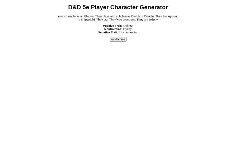 D&D 5e Player Character Generator
