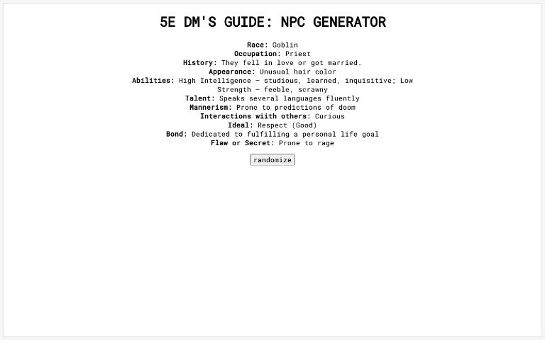 5E DM'S GUIDE: NPC GENERATOR