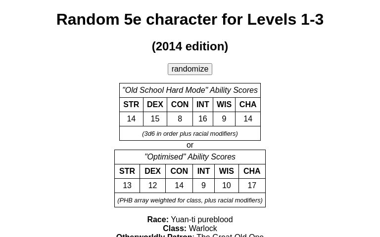 Random 5e character for Levels 1-3 ― Perchance Generator