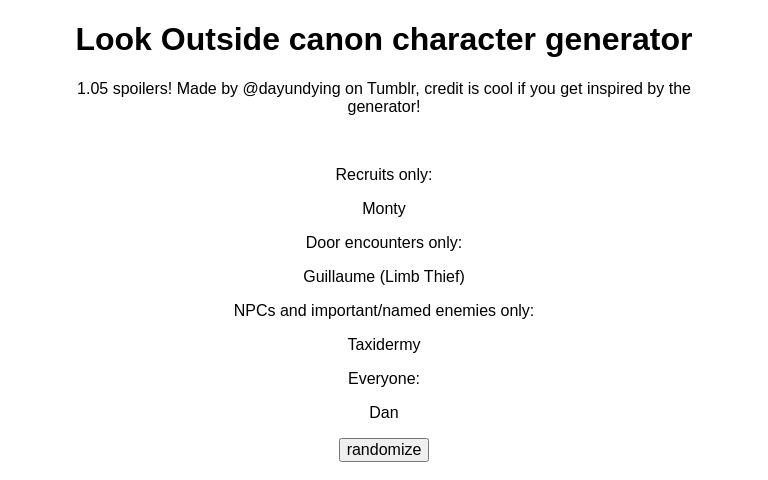 Look Outside canon character generator