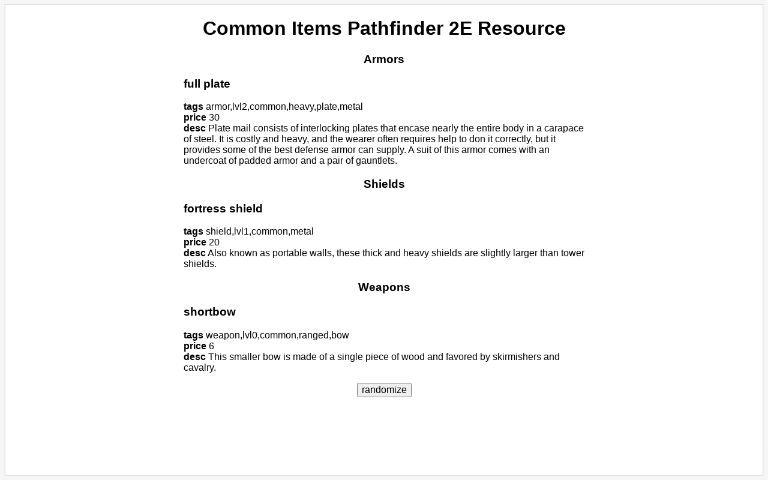 Common Items Pathfinder 2E Resource ― Perchance Generator