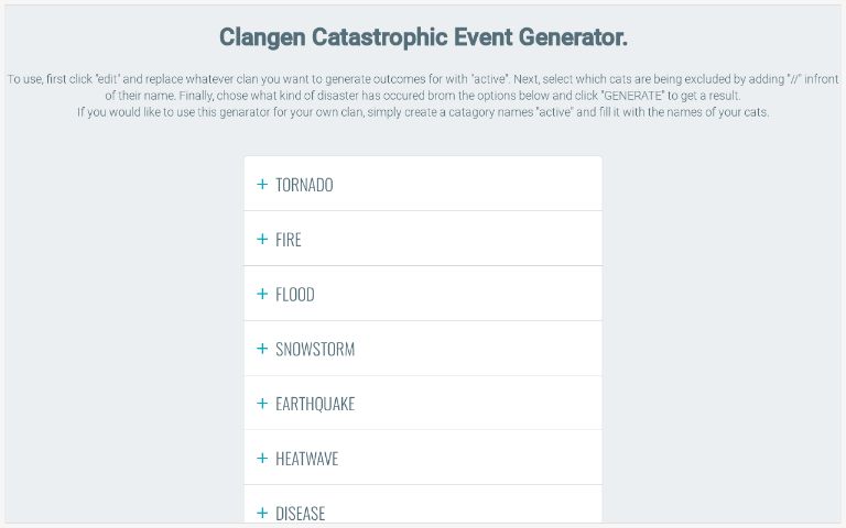 Clangen Catastrophic Event Generator.