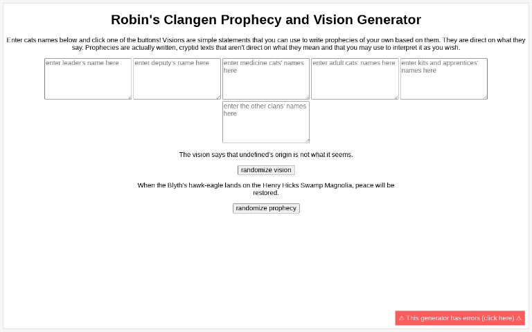 Robin's Clangen Prophecy and Vision Generator