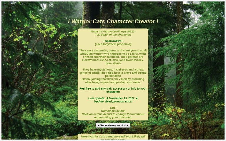 ! Warrior Cats Character Creator ! ― Perchance Generator