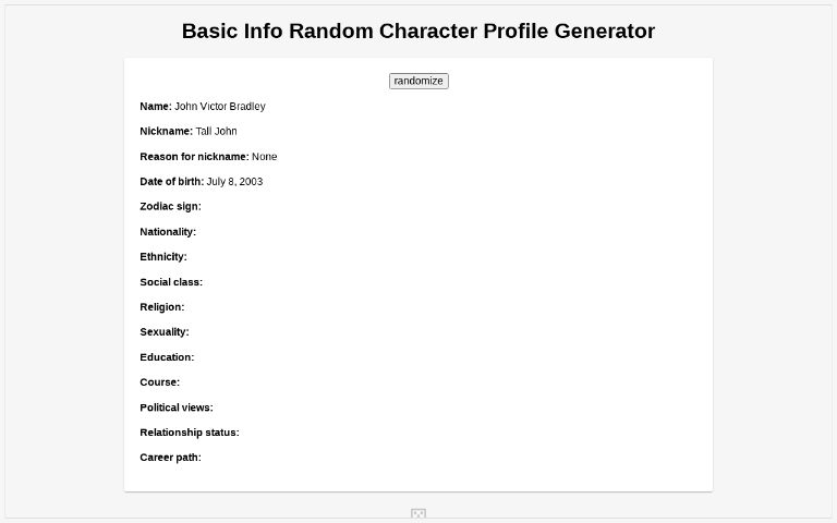 Basic Info Random Character Profile Generator