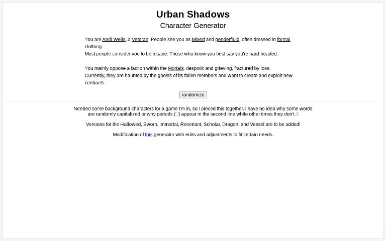 Urban Shadows ― Perchance Generator