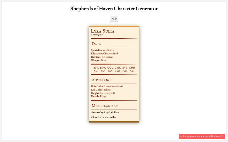 Shepherds of Haven Character Generator