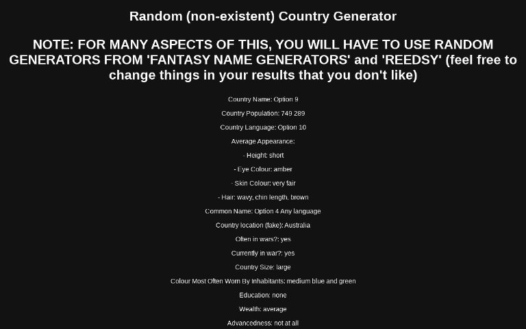 Random (non-existent) Country GeneratorNOTE: FOR MANY ASPECTS OF THIS ...