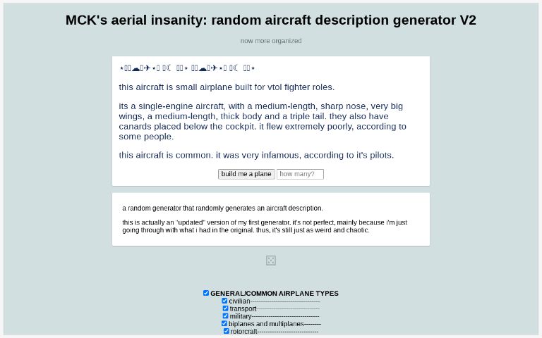 MCK's aerial insanity: random aircraft description generator V2