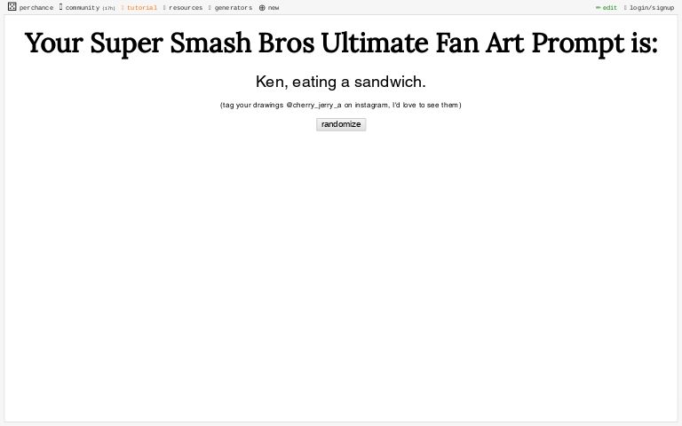 Your Super Smash Bros Ultimate Fan Art Prompt is: ― Perchance Generator