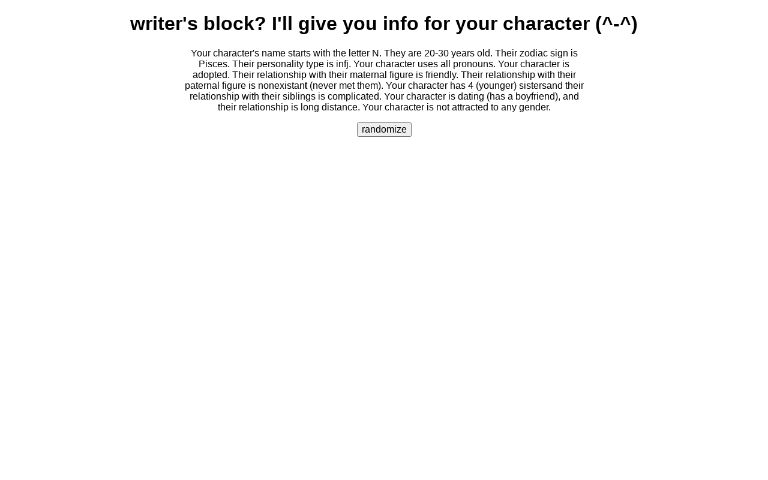 writer's block? I'll give you info for your character (^-^) ― Perchance ...