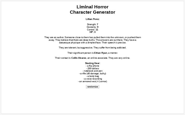 Liminal Horror Character Generator