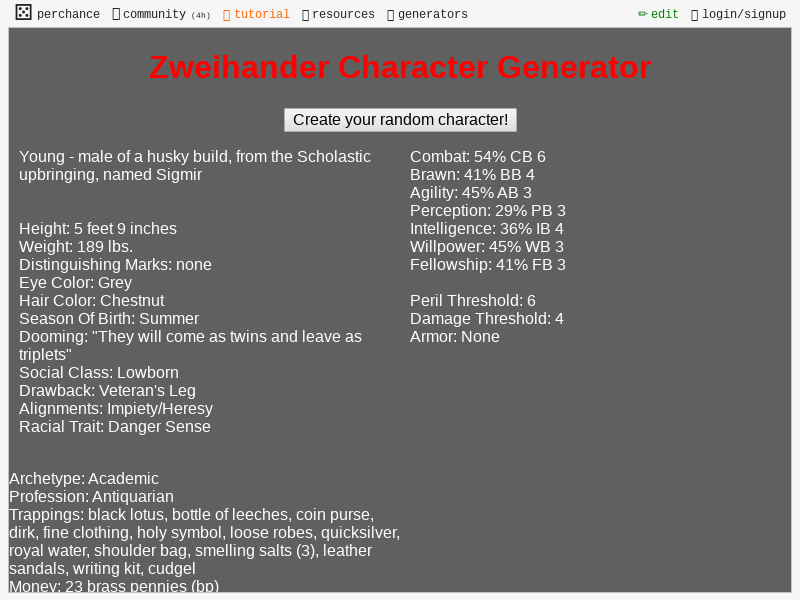 Zweihander Character Generator