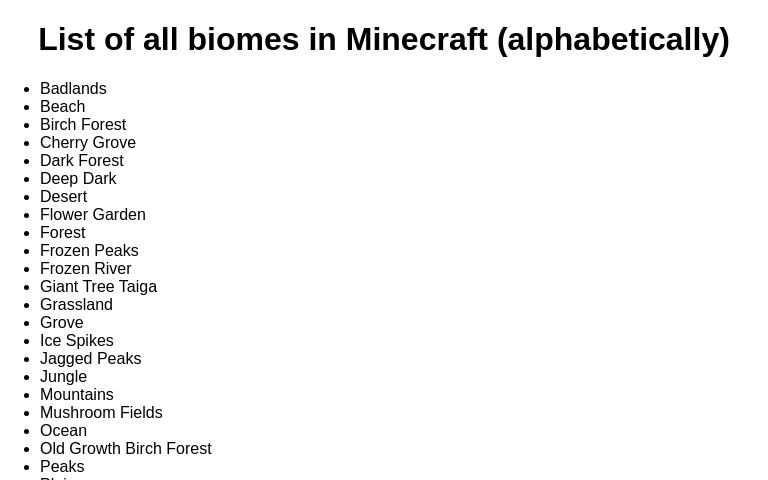 List of all biomes in Minecraft (alphabetically) ― Perchance Generator