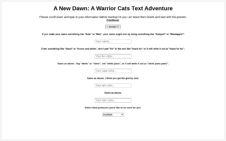A New Dawn: A Warrior Cats Text Adventure ― Perchance Generator
