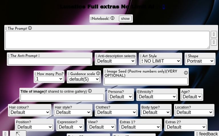Lunatic's full extras No Limit AI (Free, No Sign-up, No Limits) ― Perchance Generator