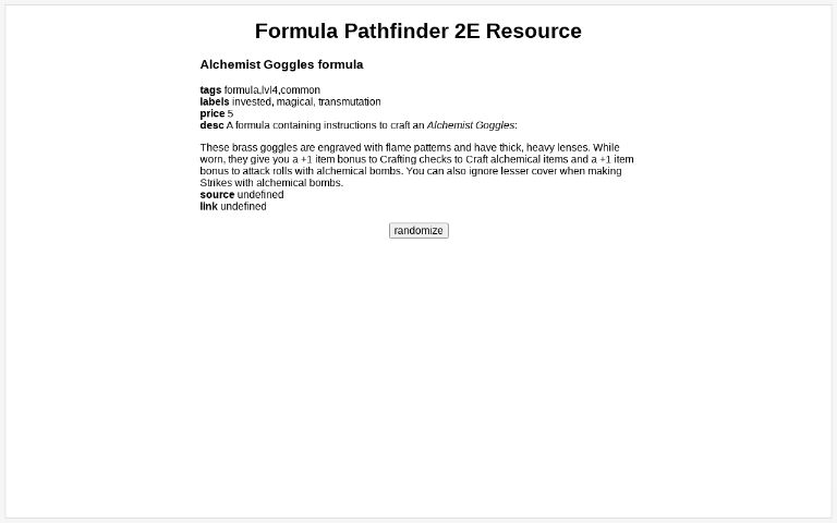 Formula Pathfinder 2E Resource ― Perchance Generator