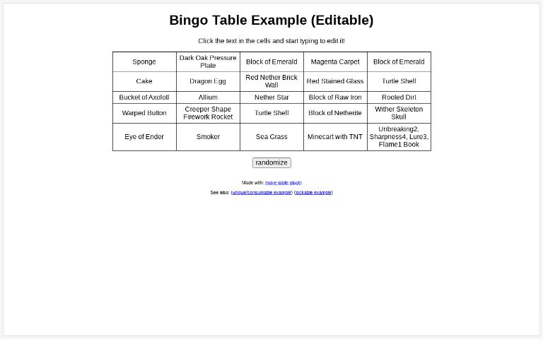 Bingo Table Example (Editable) ― Perchance Generator