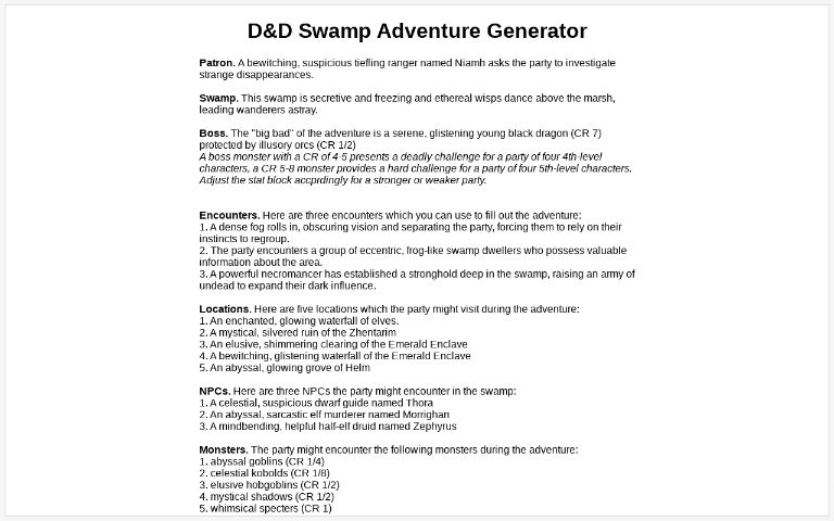 D&D Swamp Adventure Generator