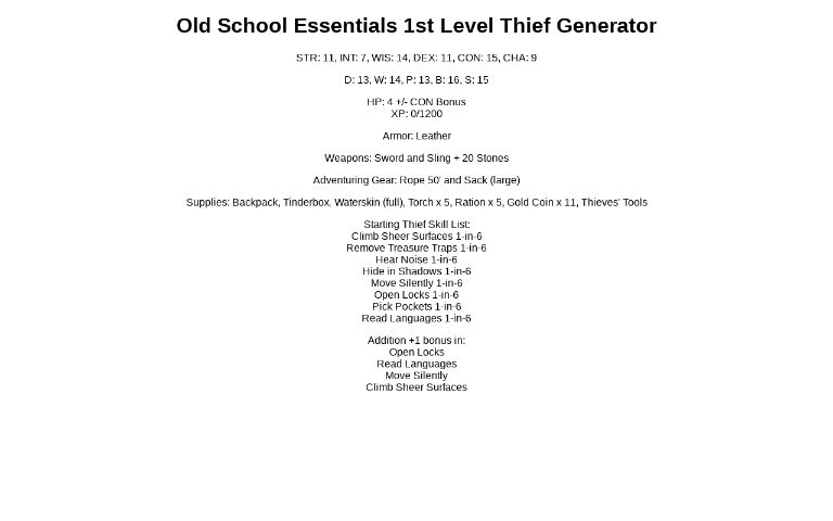 Old School Essentials 1st Level Thief Generator