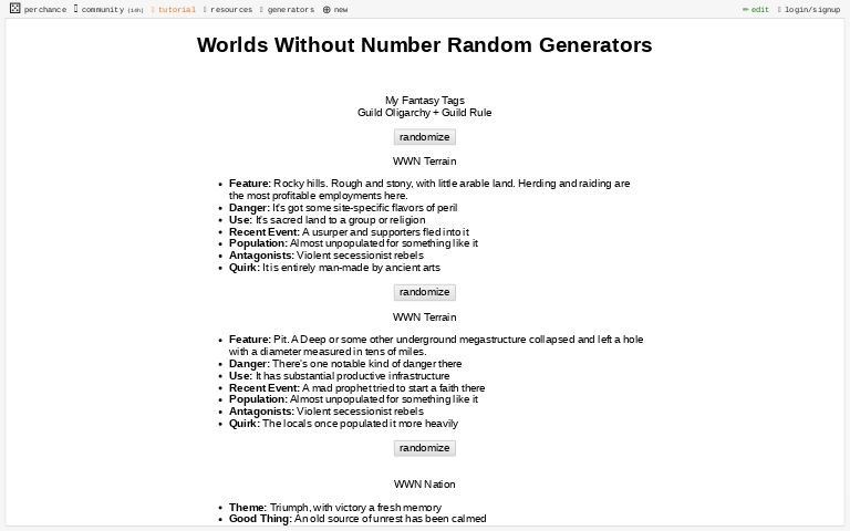 Worlds Without Number Random Generators