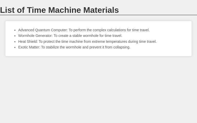 List of Time Machine Materials ― Perchance Generator