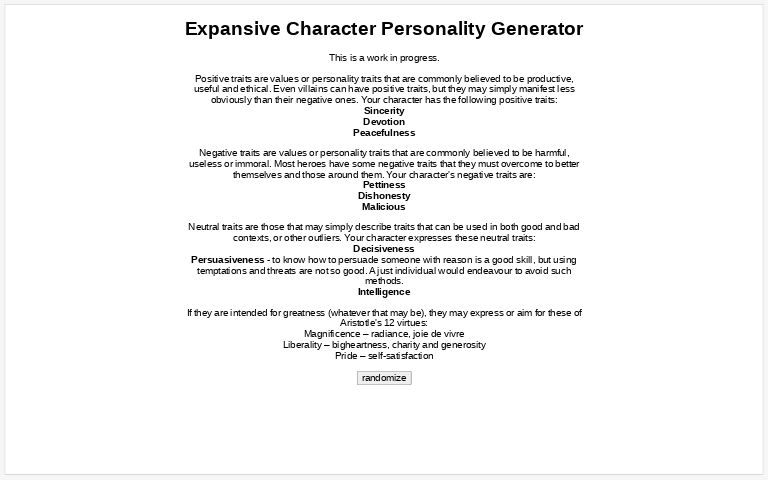 Expansive Character Personality Generator