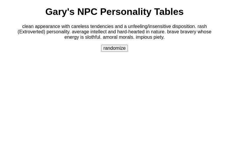 Gary's NPC Personality Tables ― Perchance Generator